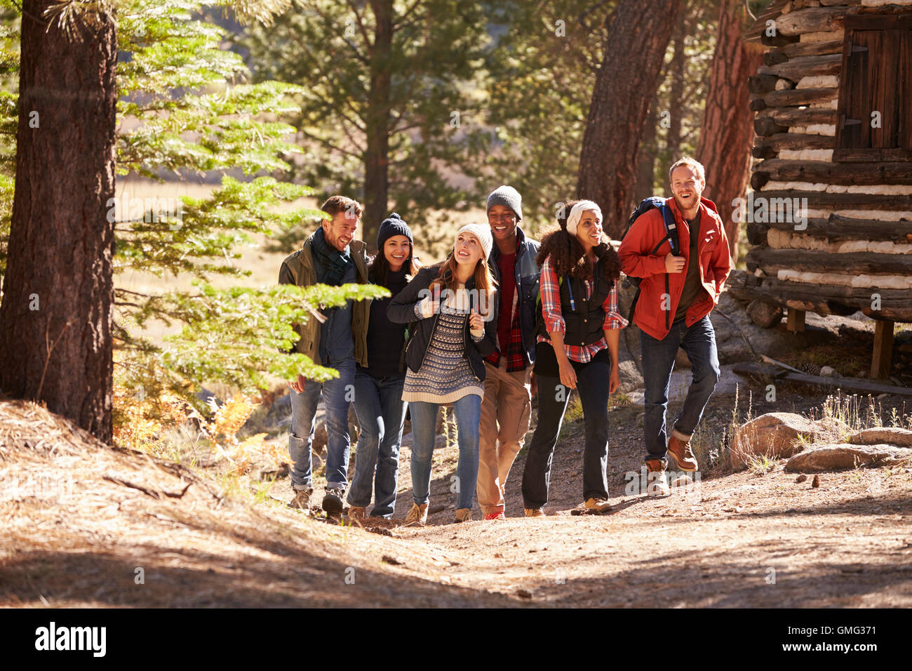 Six friends walking on forest path past a log cabin Stock Photo - Alamy