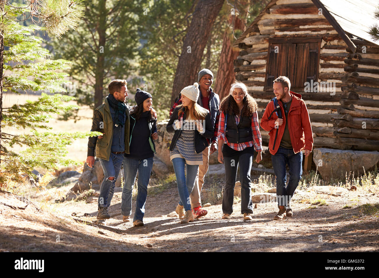 Six friends walking on forest path near a log cabin Stock Photo - Alamy