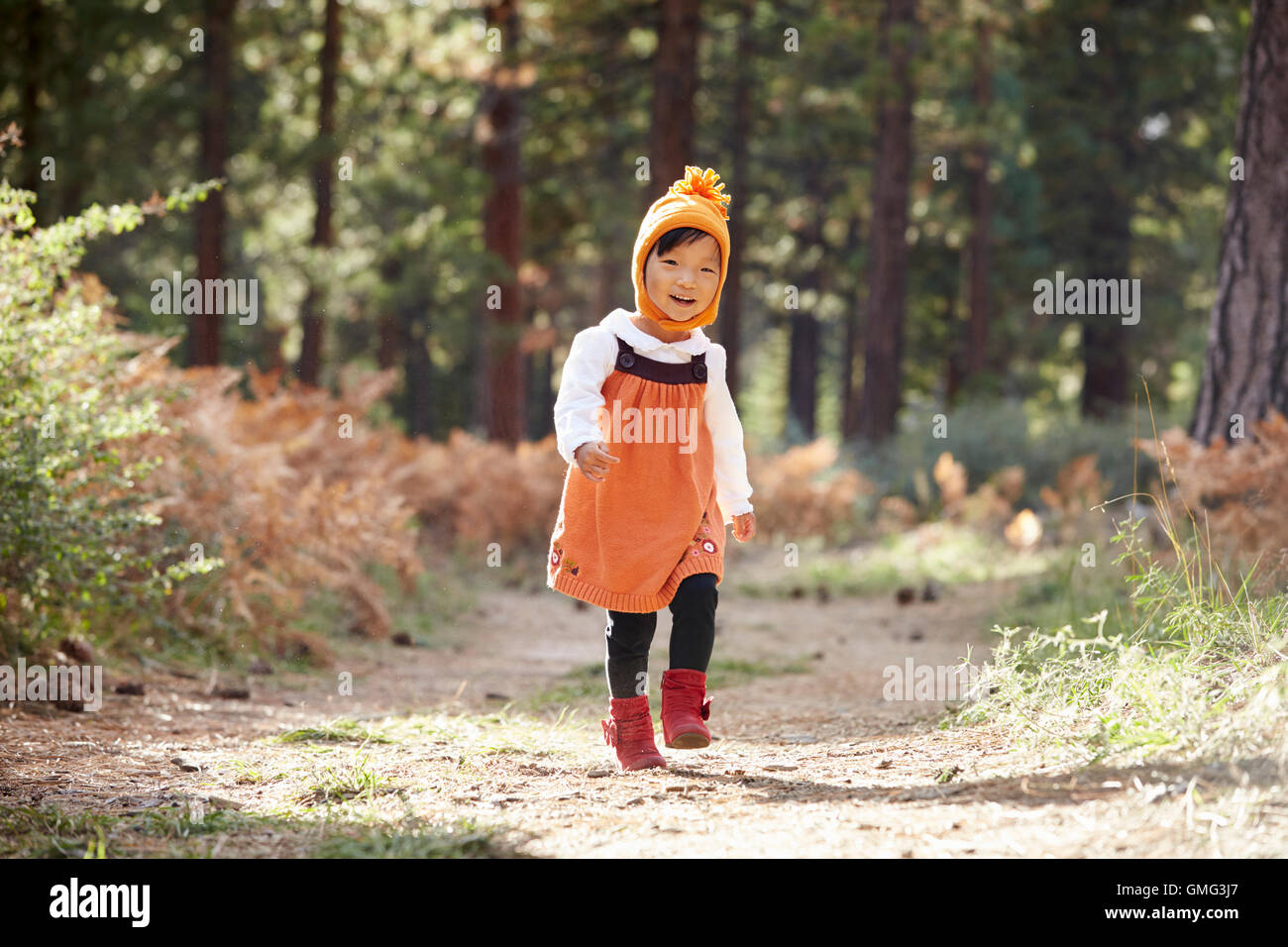 Asian toddler girl walking alone in a forest hi-res stock photography ...