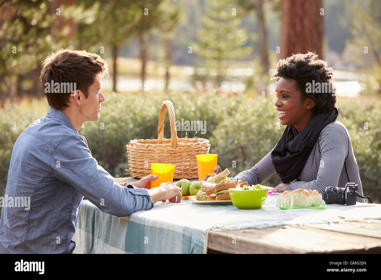 Caucasian man and Black woman talking at a picnic table Stock Photo - Alamy