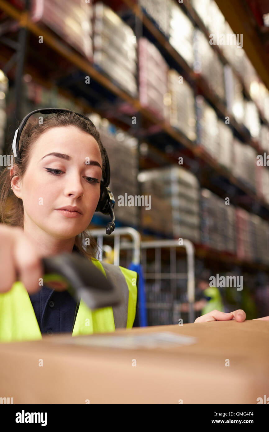 Woman uses barcode reader in a warehouse, vertical close-up Stock Photo ...