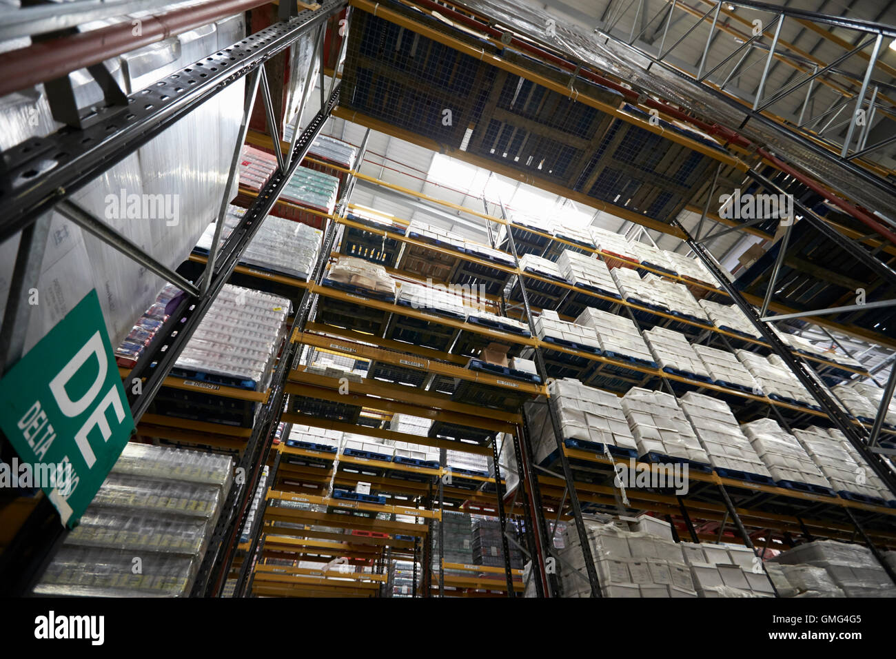 Low angle view of tall shelving racks at a warehouse Stock Photo - Alamy