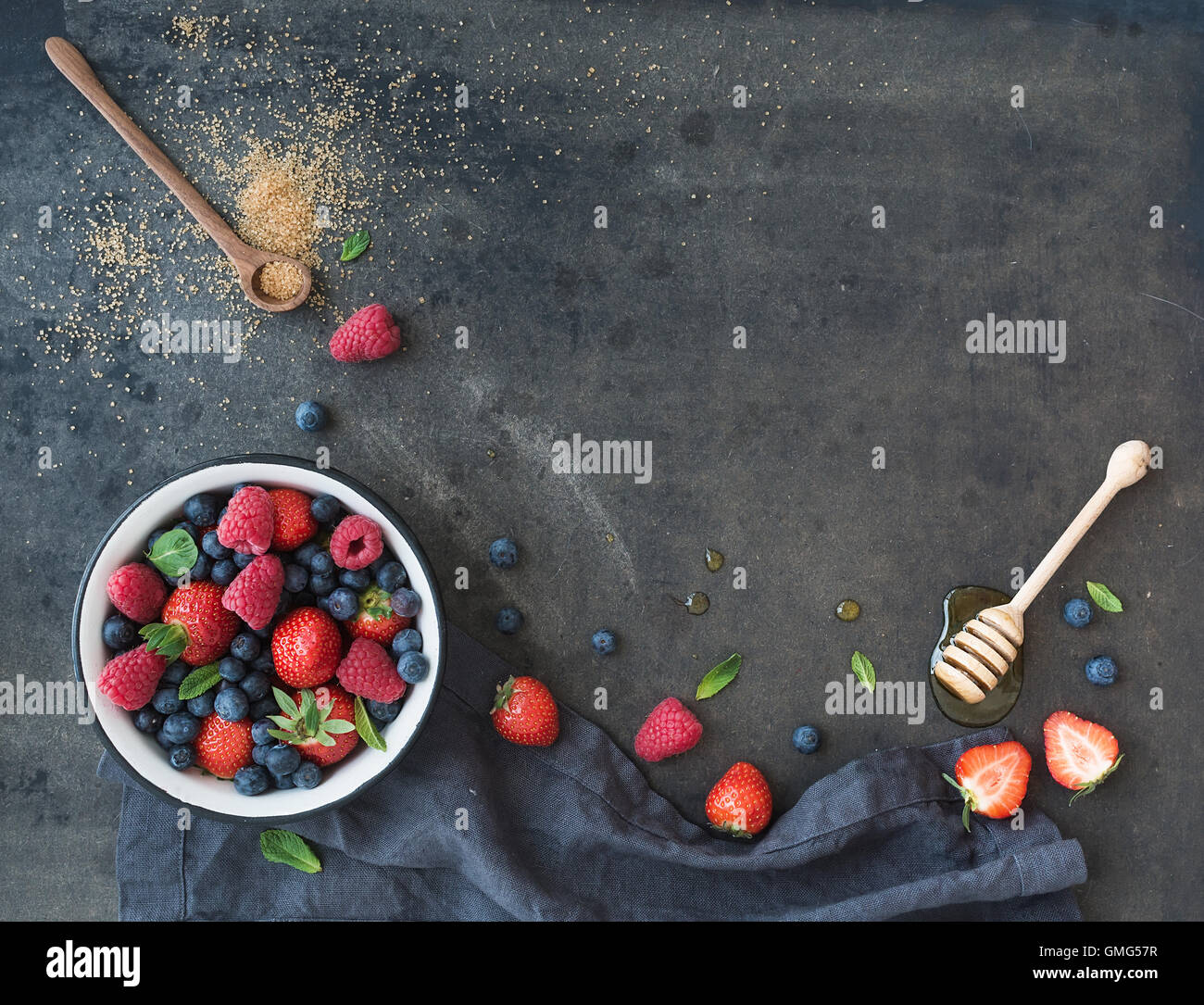 Berry frame with copy space on right. Strawberries, raspberries ...