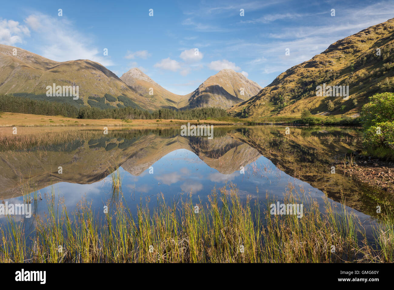 Reflections at Lochan Urr on a clear blue sky sunny day, Glen Etive ...
