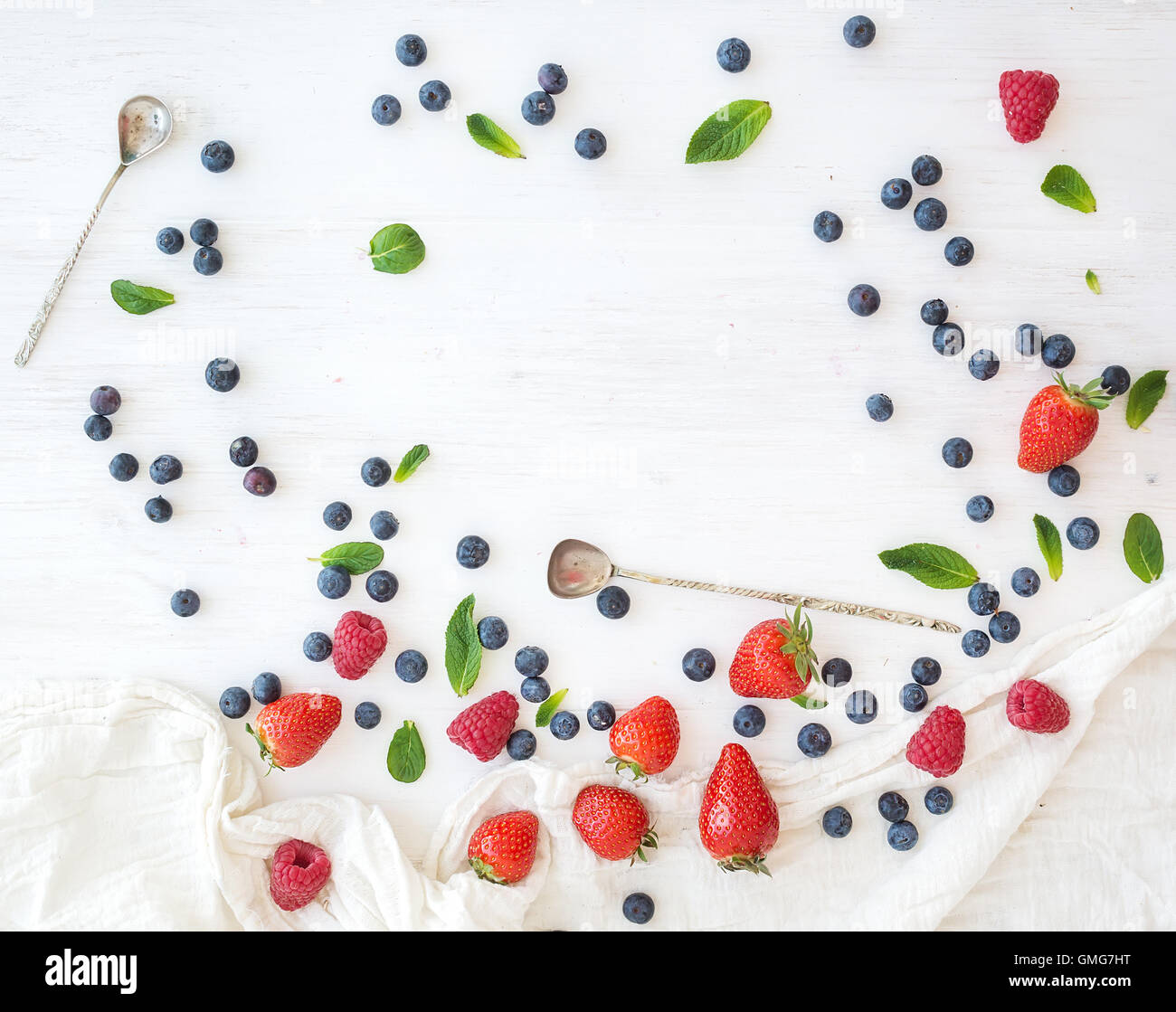 Berry frame with copy space on right. Strawberries, raspberries ...