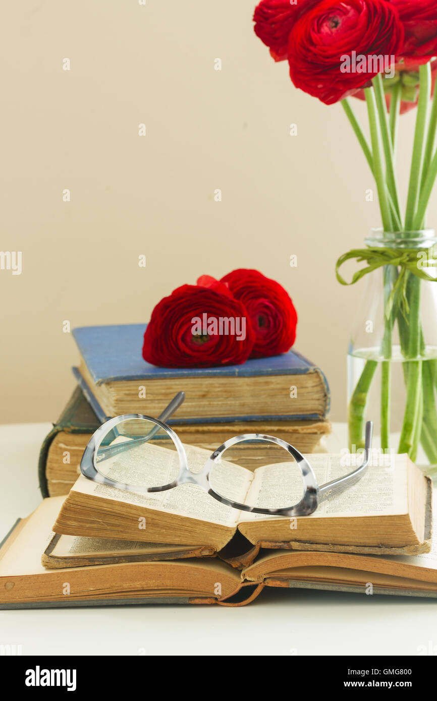 Old books with rose flower Stock Photo - Alamy