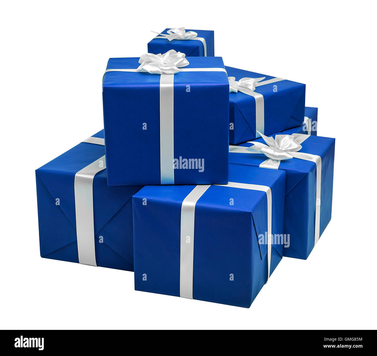 Blue gift boxes with white ribbon. Isolated on white background Stock ...