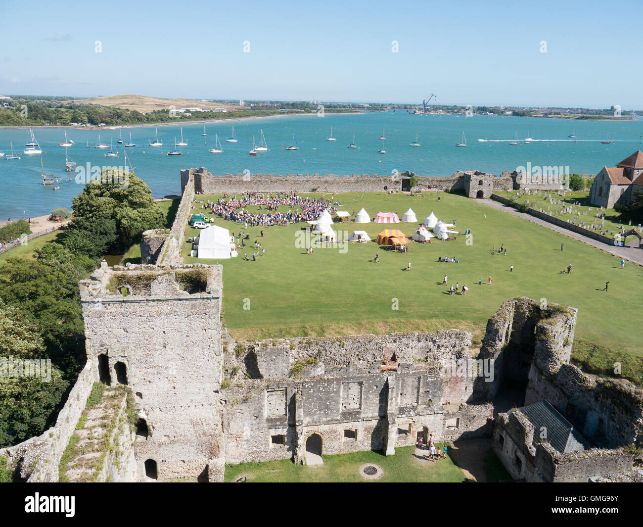 A view of the Romans walls and castle grounds at Portchester Castle ...
