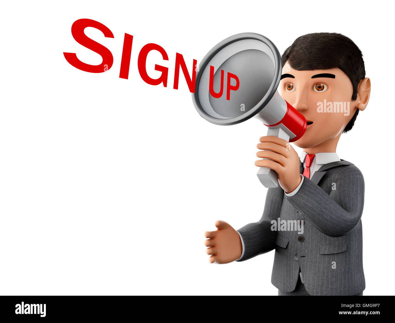 3d renderer image. usinessman with a megaphone and word sign up ...