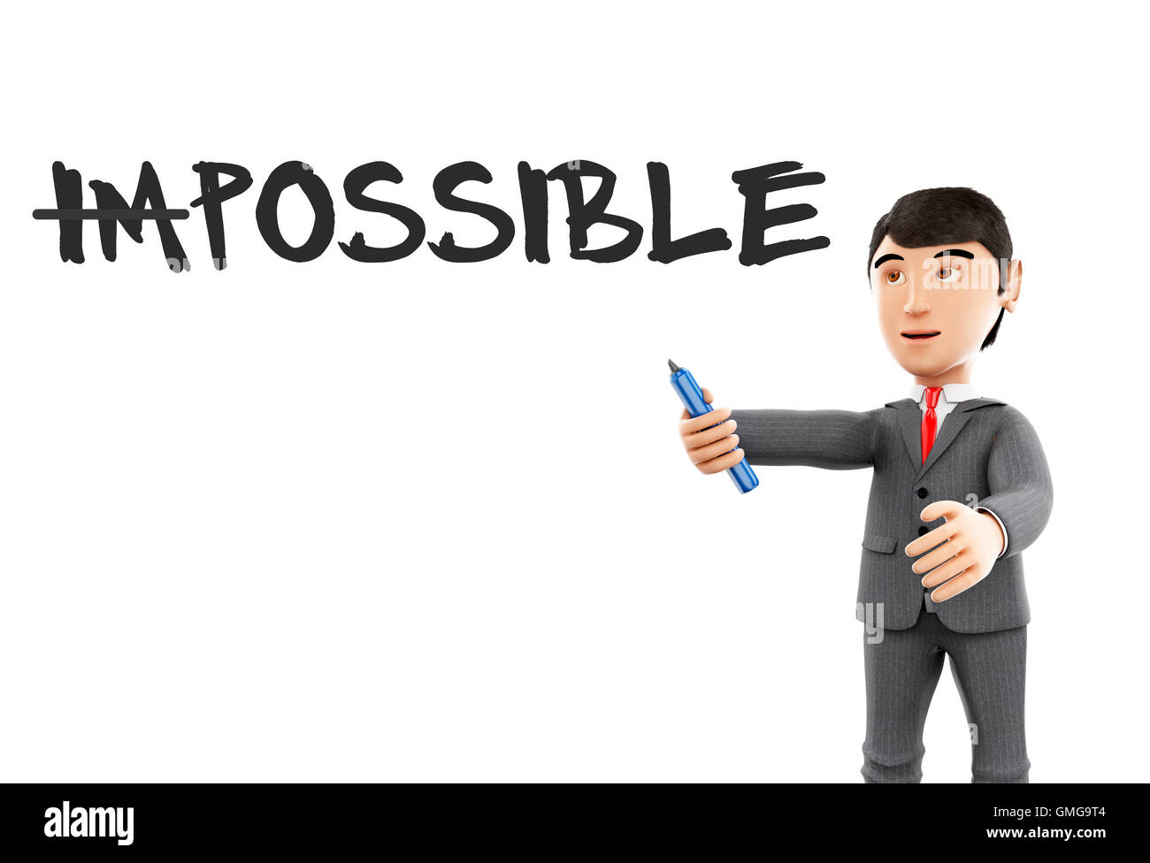 3d Illustration. Businessman with marker and word impossible turning ...