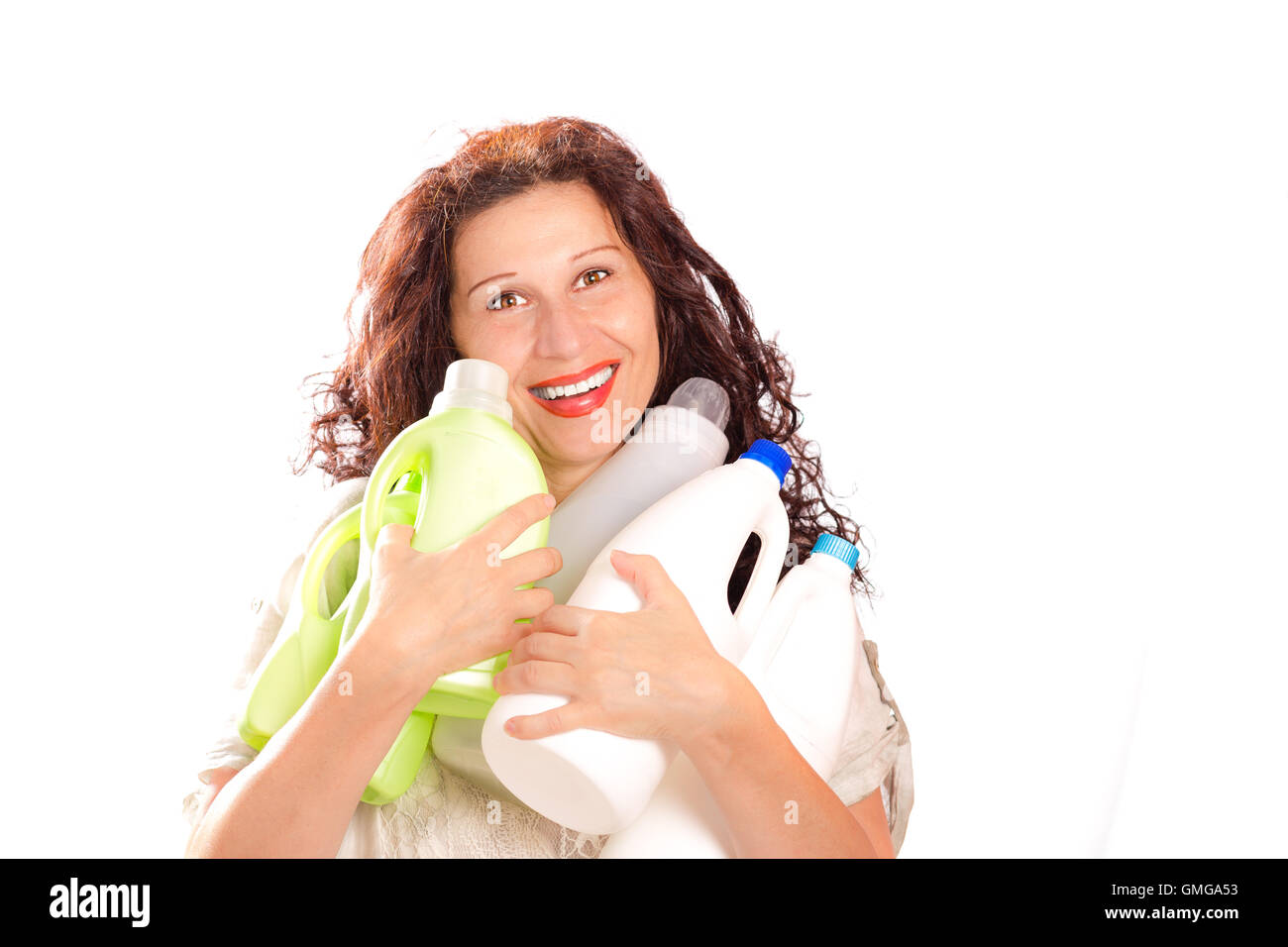 glamorous mature woman holding and hugging plastic bottles isolated on ...
