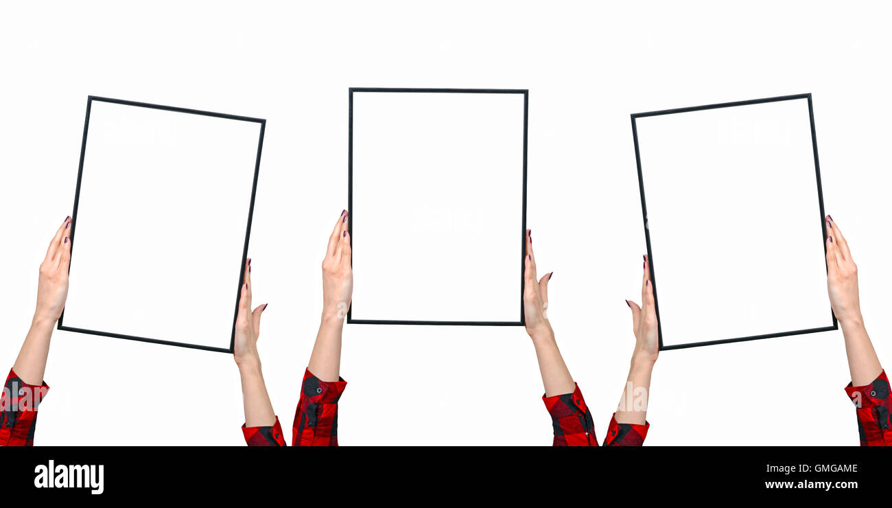 Female hands holding blank boards isolated on white Stock Photo - Alamy