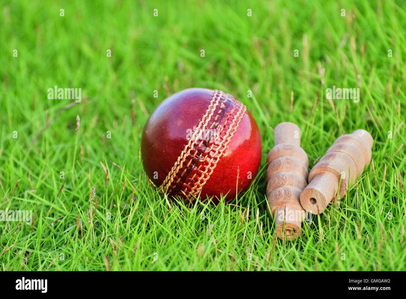 Cricket ball and bails on grass field Stock Photo - Alamy