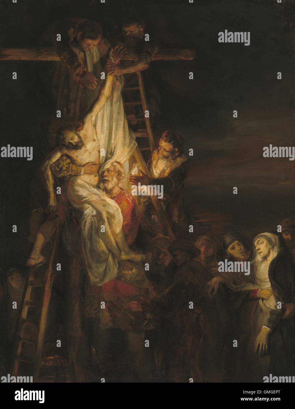 The Descent from the Cross, by workshop of Rembrandt van Rijn, 1650-52, Dutch painting, oil on ...