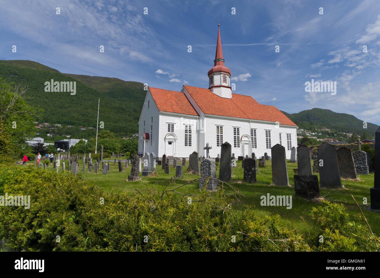 Attractive white wooden church in the town of Nordfjordeid, near Olden ...