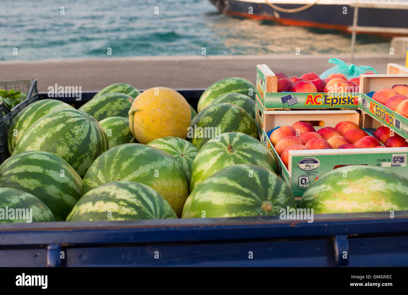 Truck full of fruit boarding ferry, Argostoli, Kefalonia, Greece Stock ...