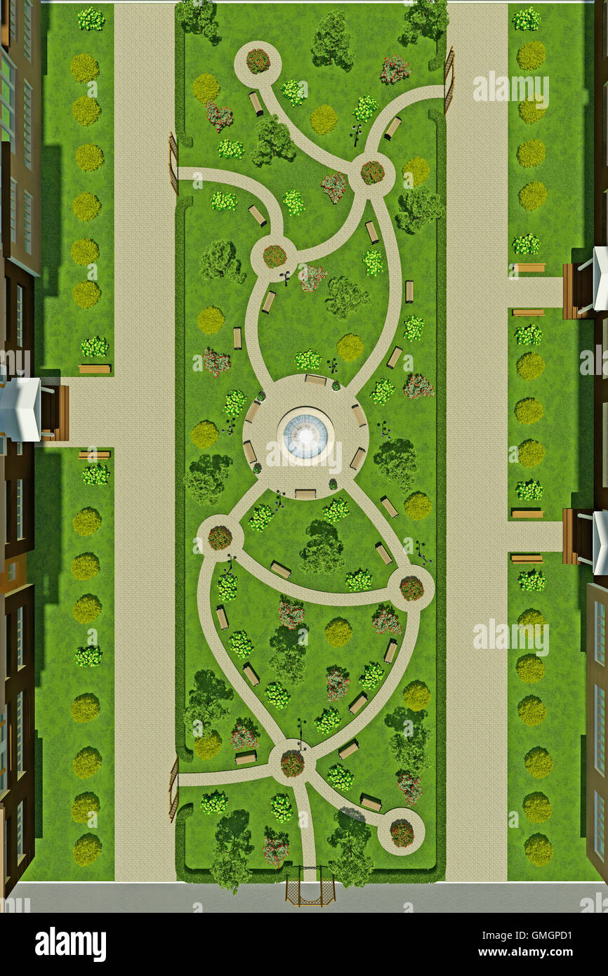 Square top view between houses. 3d rendering Stock Photo - Alamy