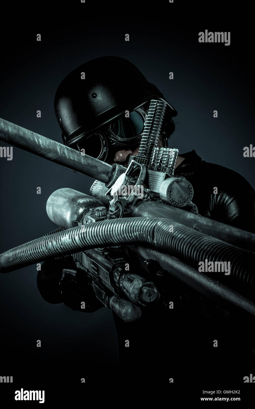 soldier of the future with huge laser gun and cannon, pointing Stock ...
