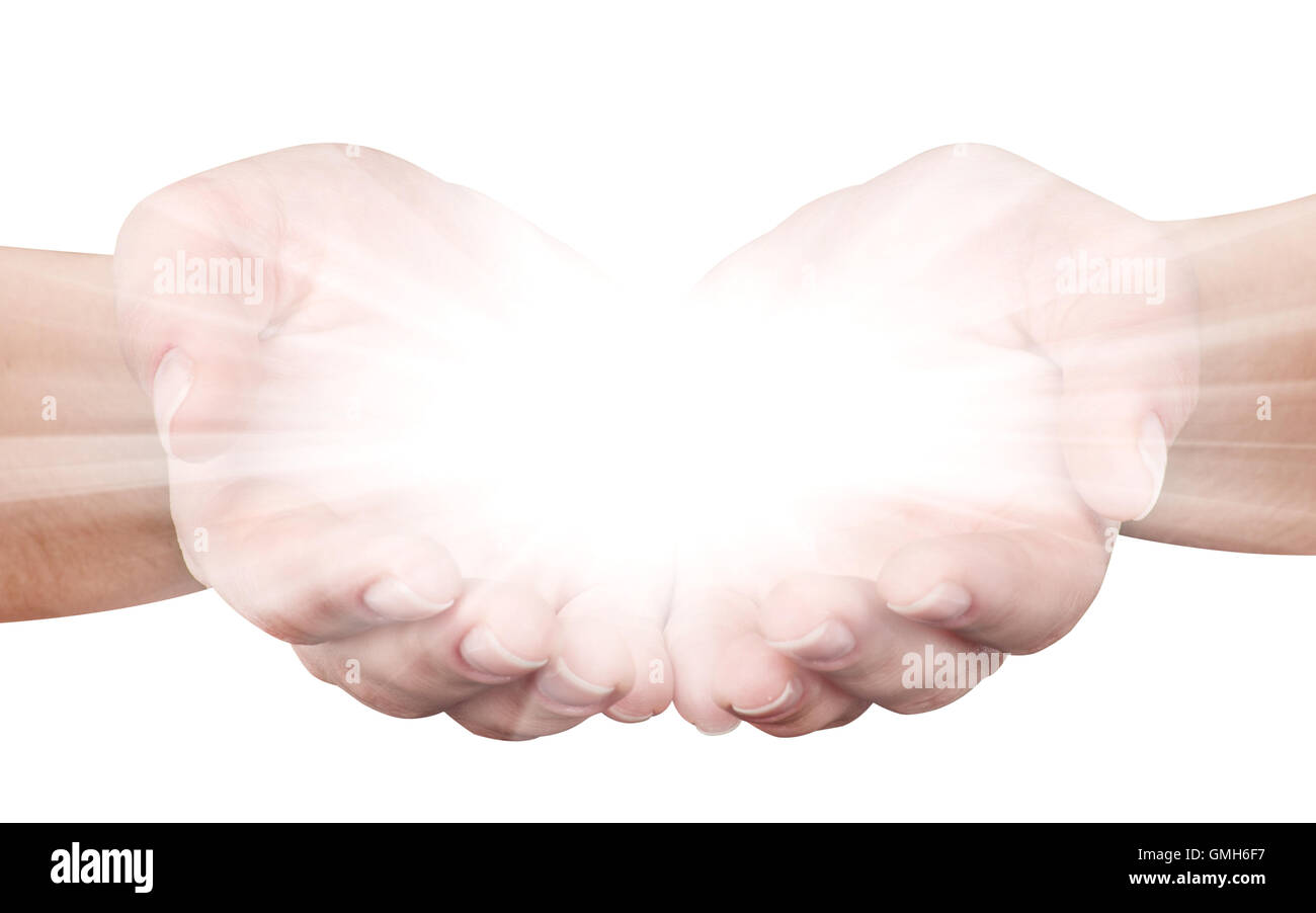 Holding hands open with glowing lights Stock Photo - Alamy