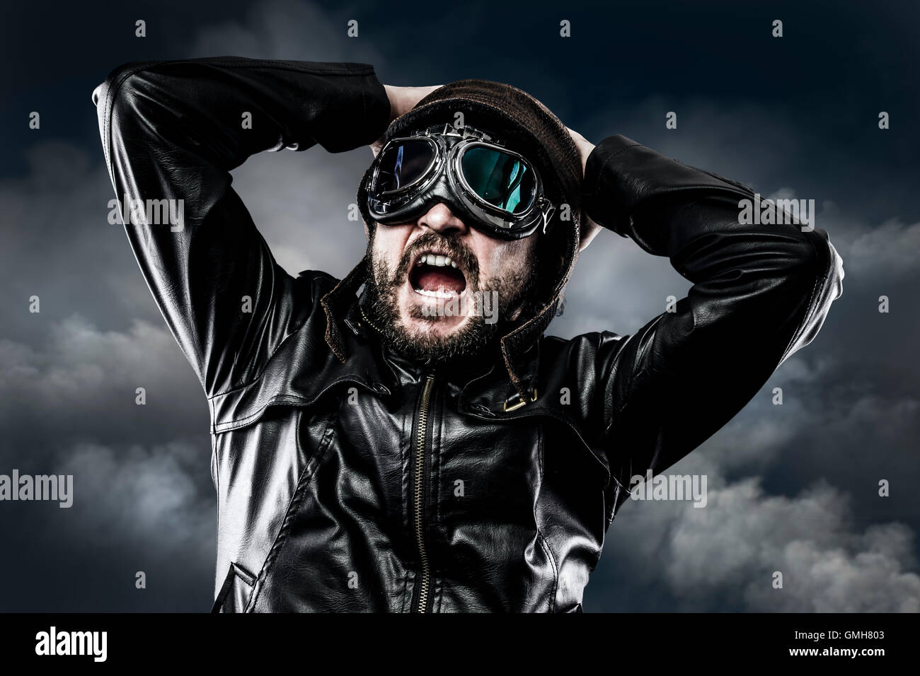 pilot with glasses and vintage hat with expression of surprise Stock ...