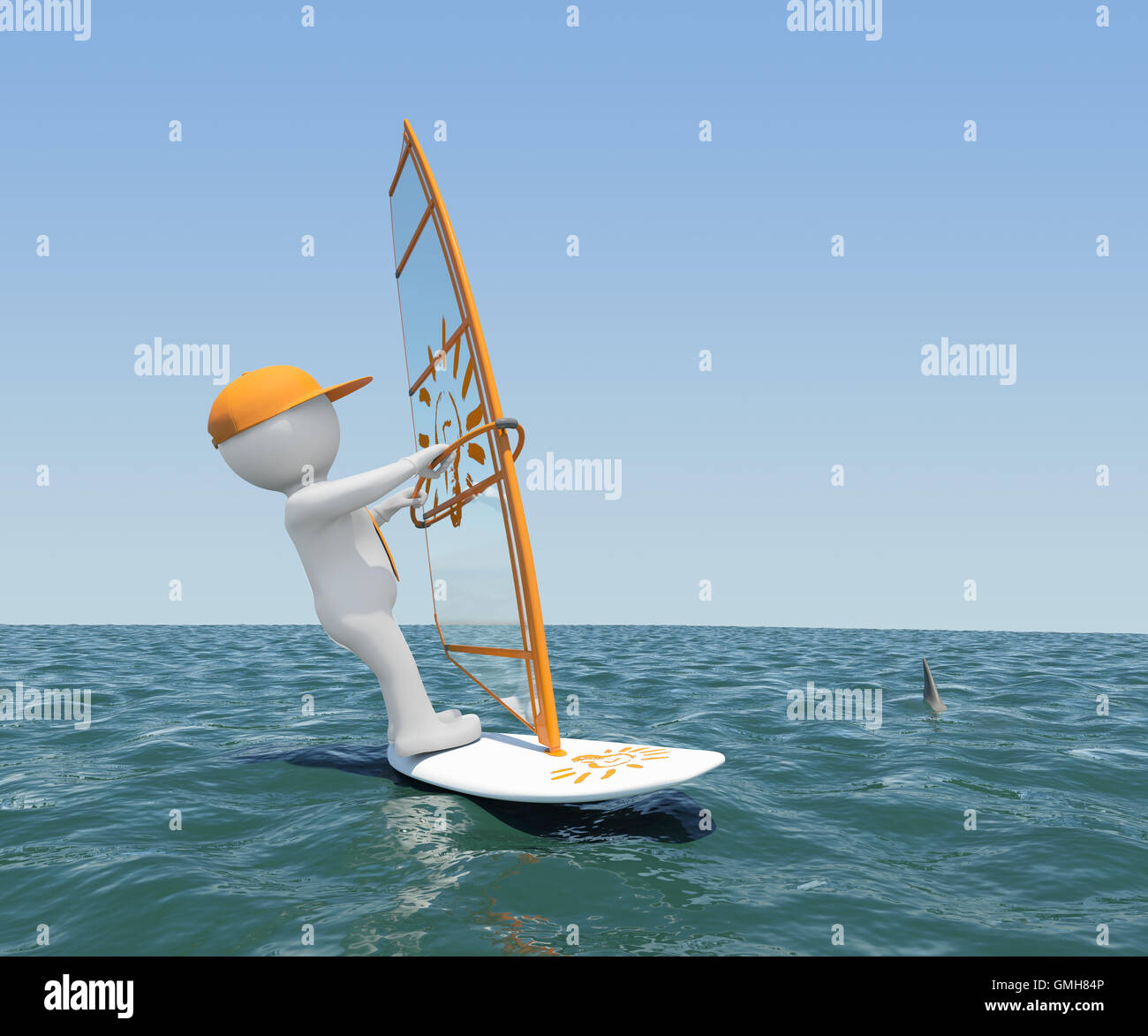 3d man on board with sail floating on the sea Stock Photo - Alamy