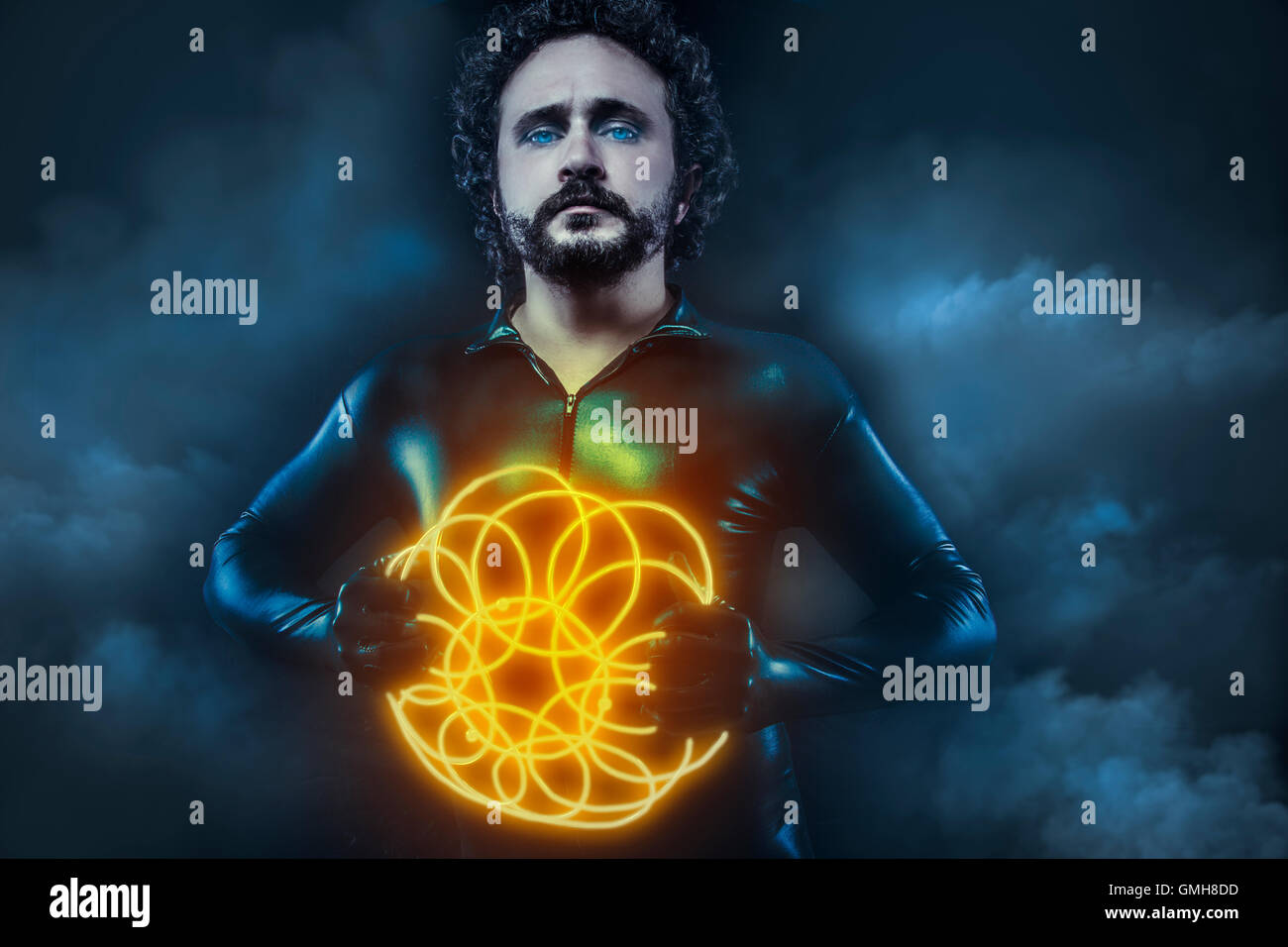 future soldier, warrior latex suit and futuristic orange weapon Stock ...