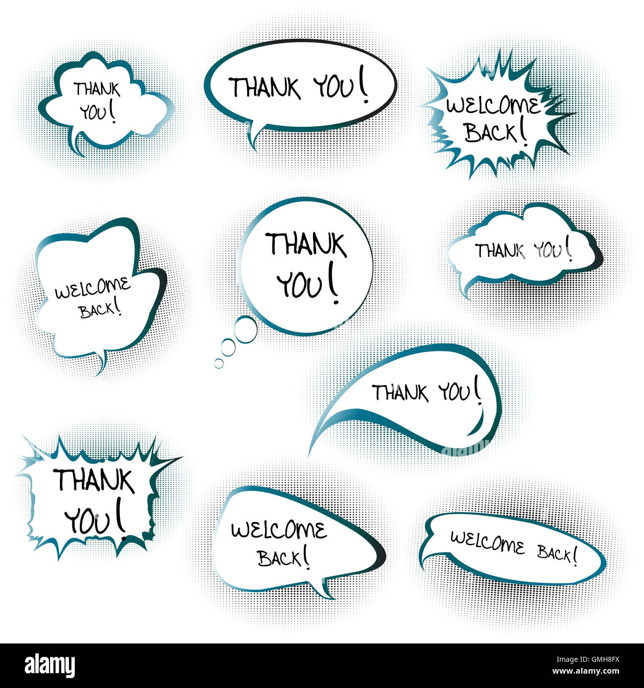 Chat bubbles with Thank you and Welcome back messages Stock Photo - Alamy