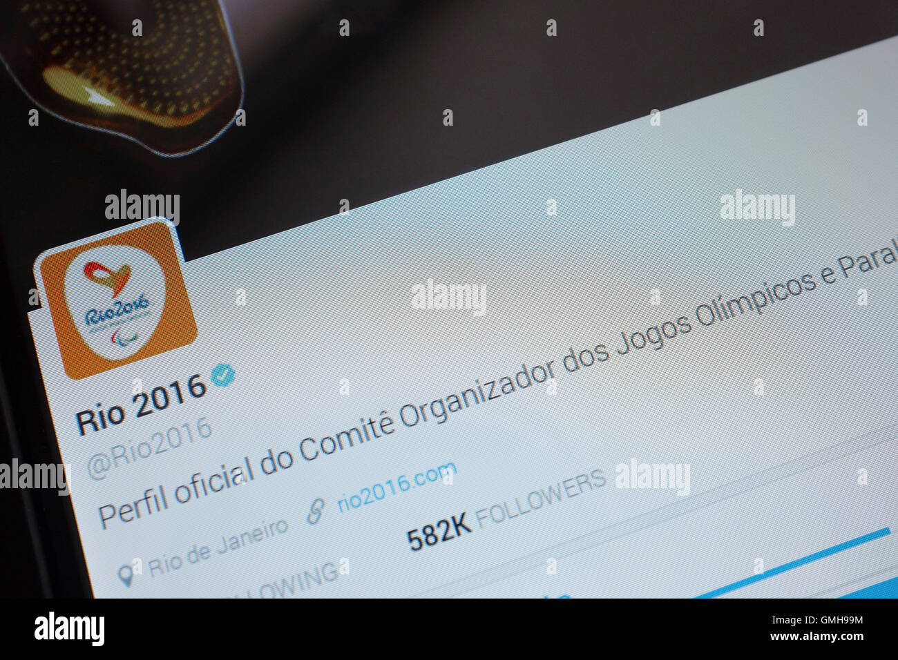 The official Rio 2016 Twitter profile as seen on the screen of a tablet ...