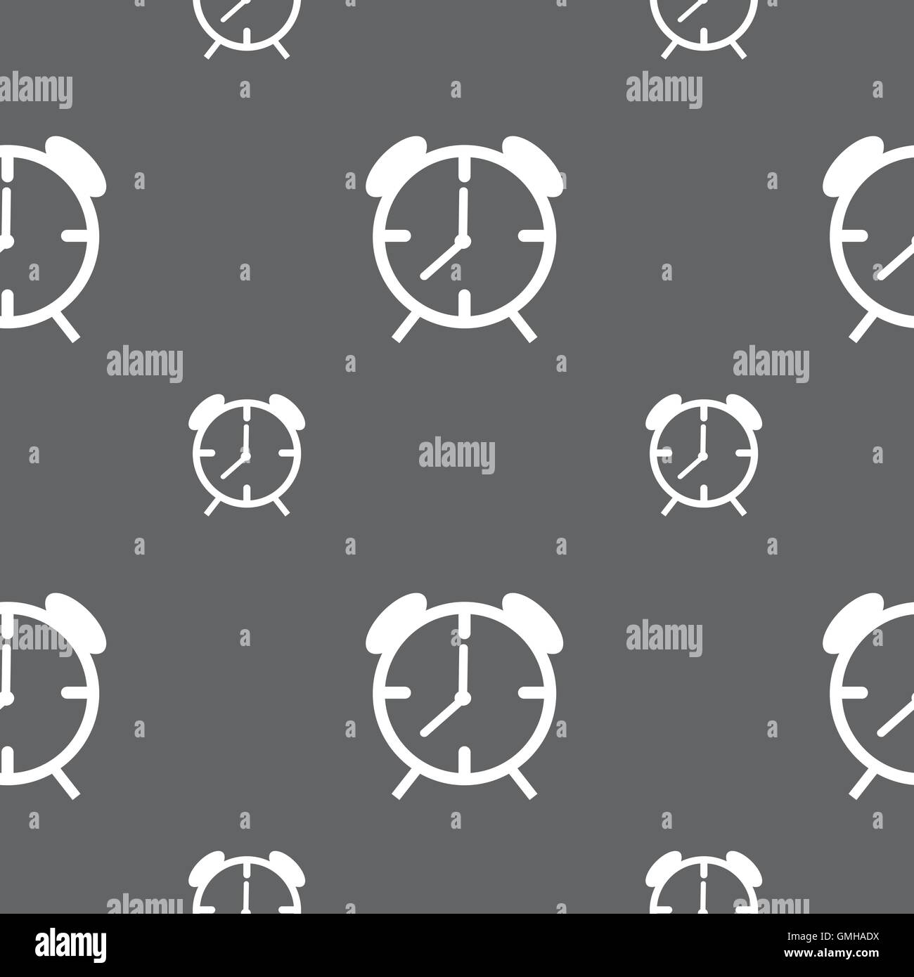 Alarm clock sign icon. Wake up alarm symbol. Seamless pattern on a gray ...