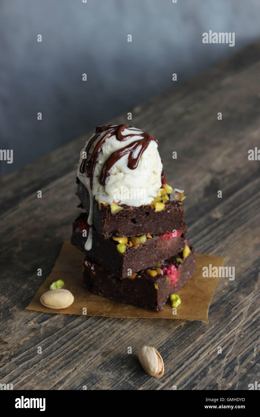 Raspberry Pistachio Dark Chocolate Brownie Sundae With Homemade Vanilla