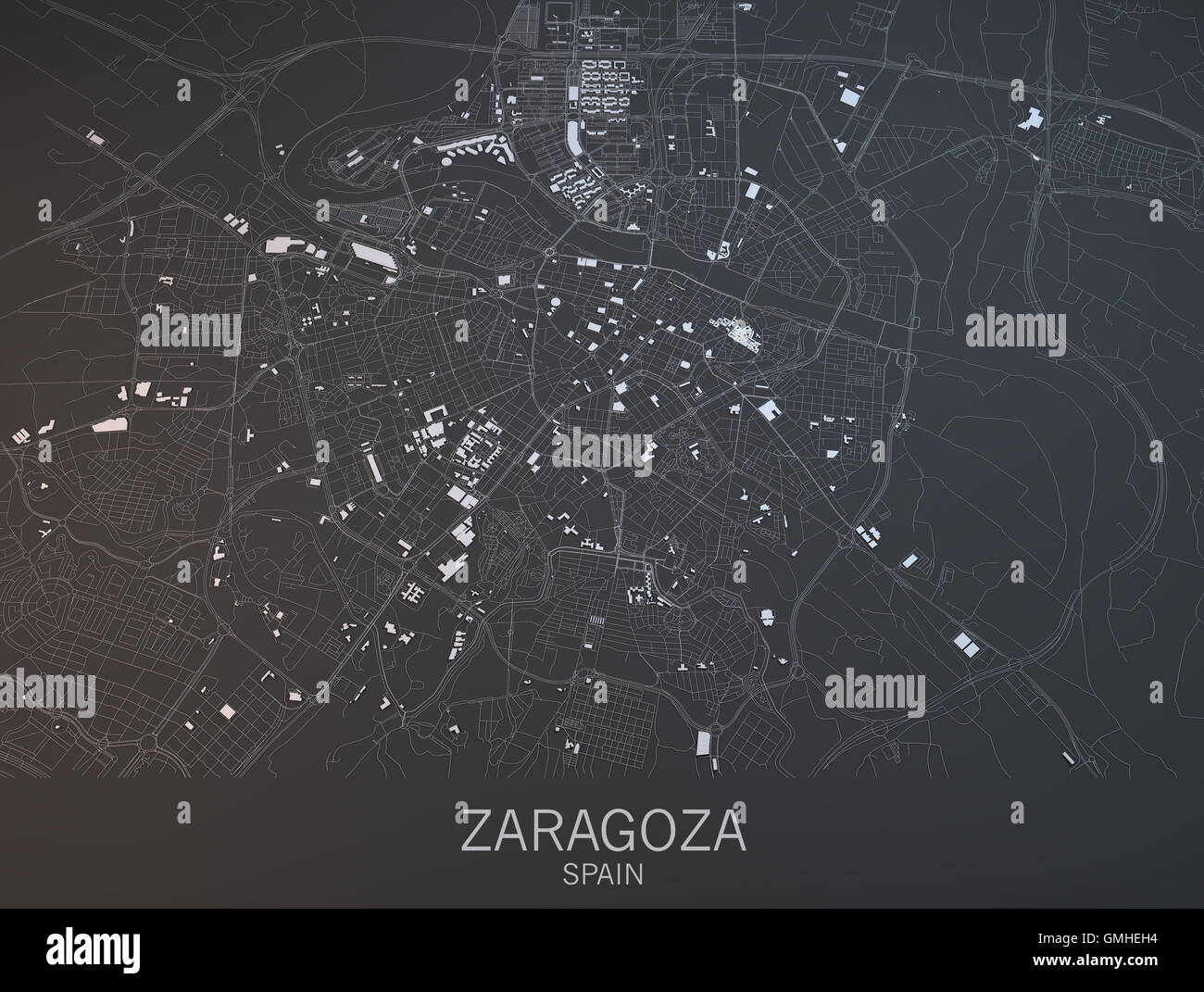 Map of Zaragoza, Saragossa, satellite view, city, Spain. 3d rendering ...
