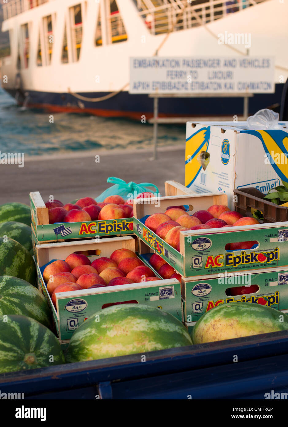 Truck full of fruit boarding ferry, Argostoli, Kefalonia, Greece Stock ...