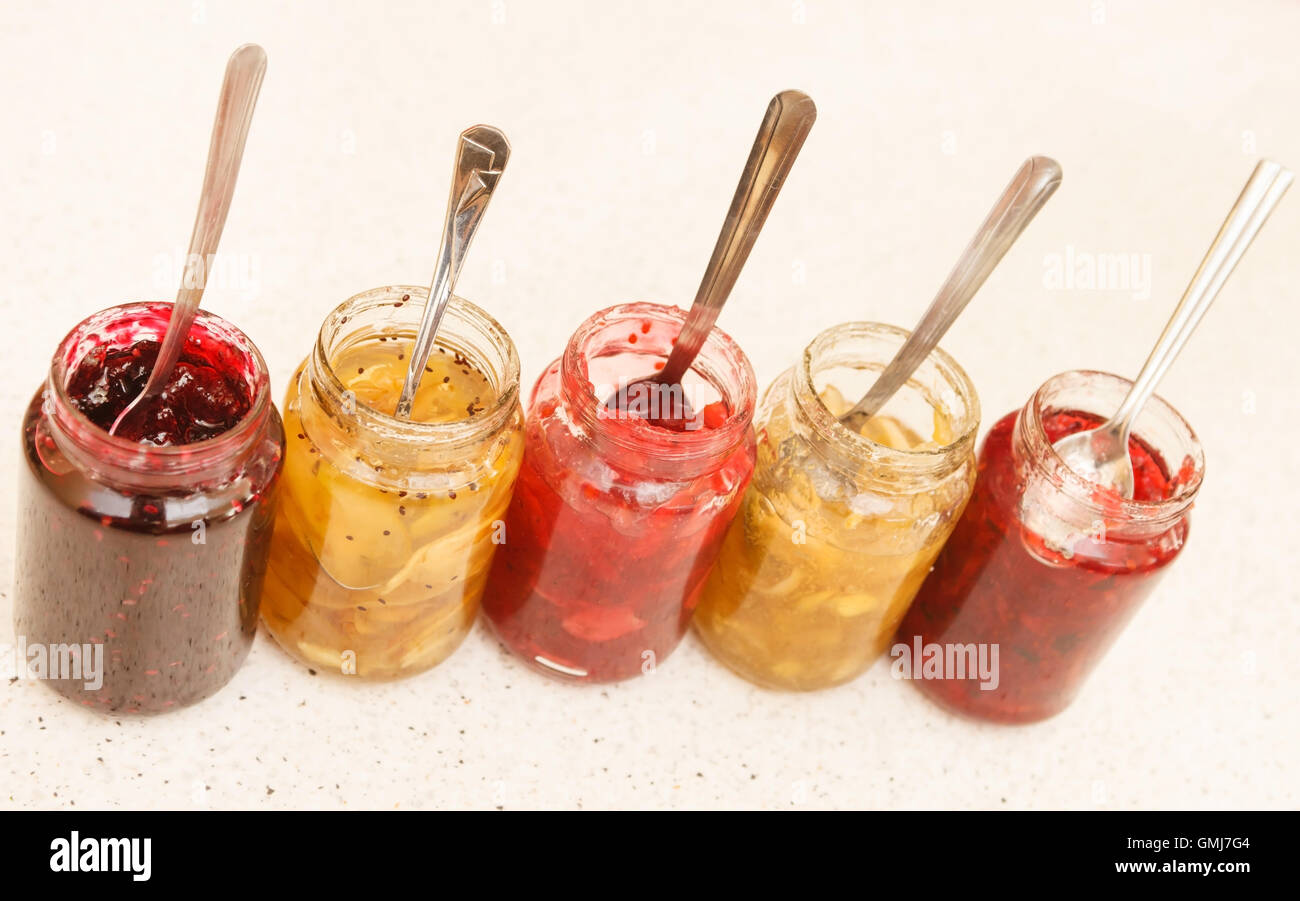 different jars full of fruity jam Stock Photo - Alamy