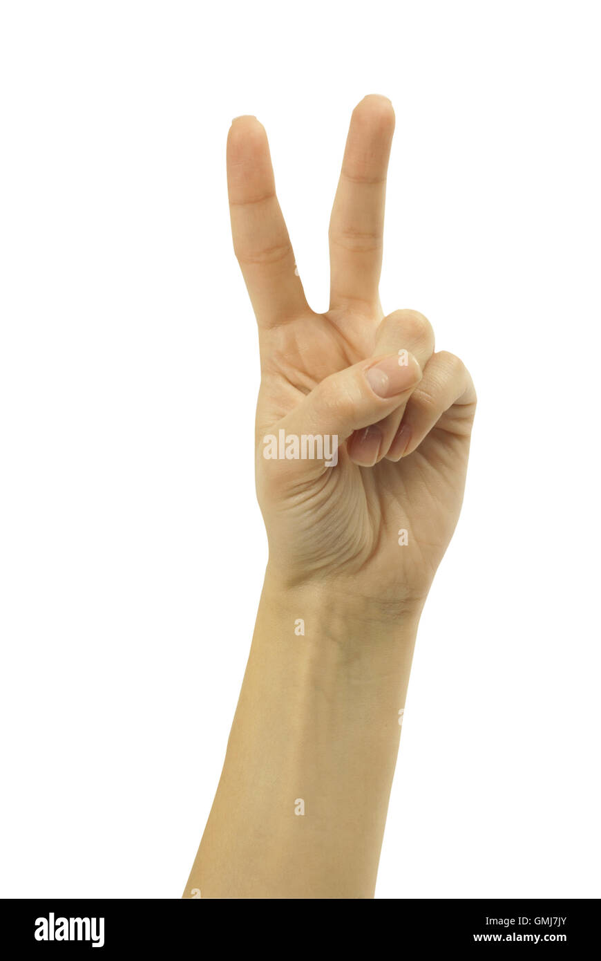 Woman's hand holding up two fingers Stock Photo - Alamy