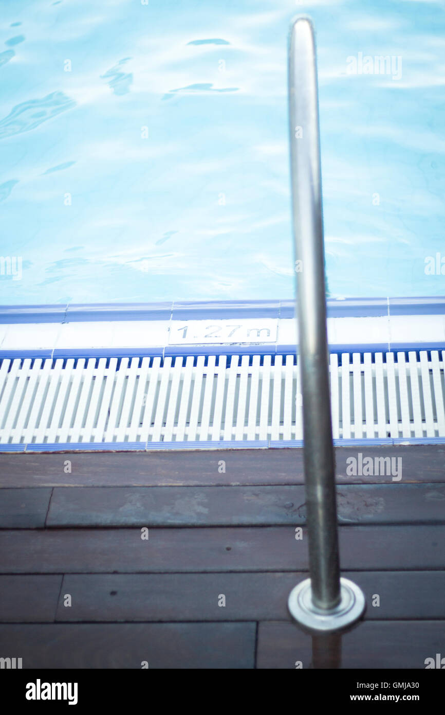 Hot summer by the outdoors swimming pool with wooden sundeck terrace ...