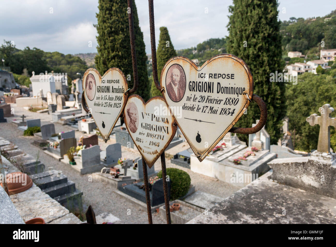 heart shaped notices on French gravestones Stock Photo - Alamy