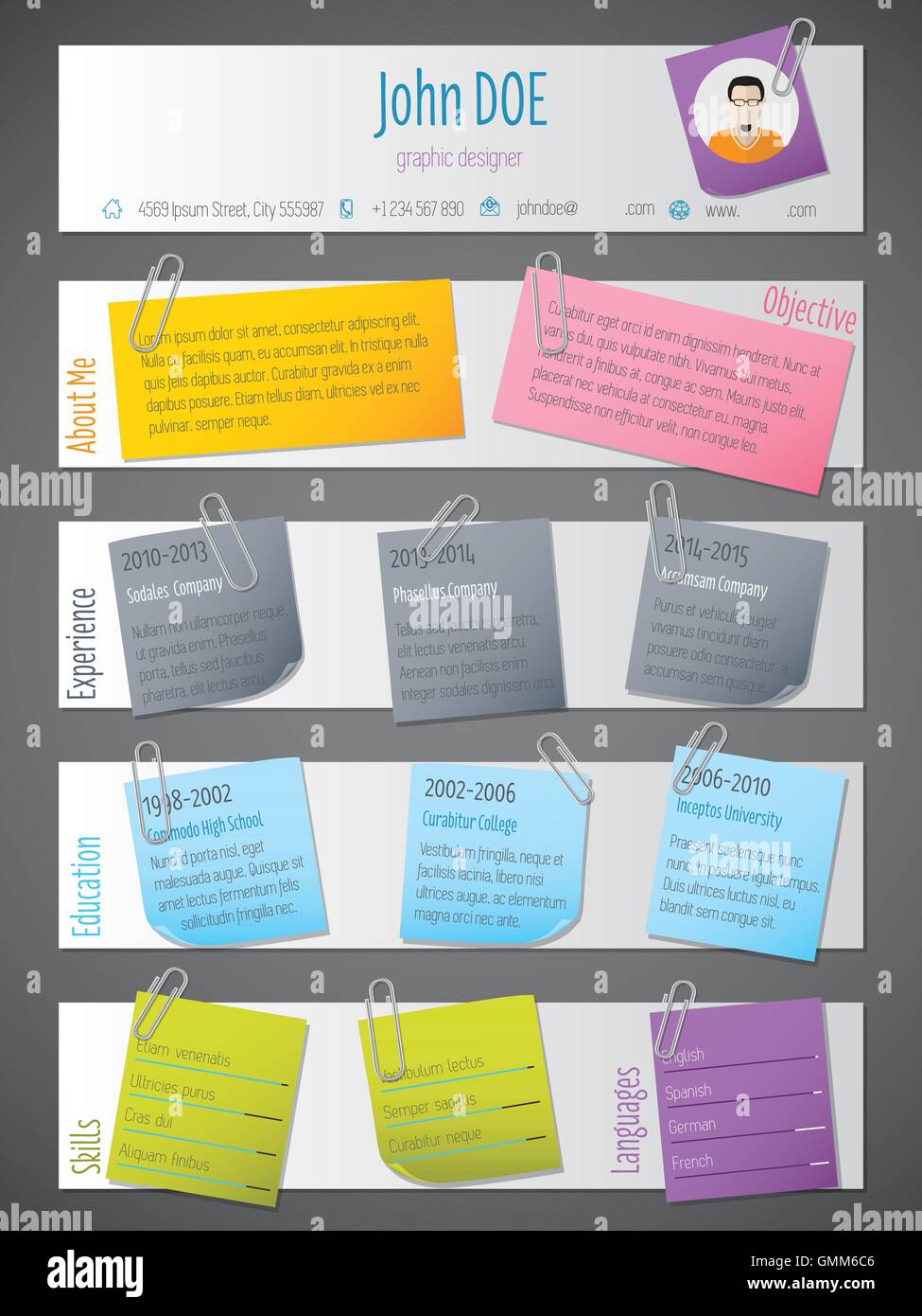 Modern resume cv template with post its and color tapes Stock Vector ...