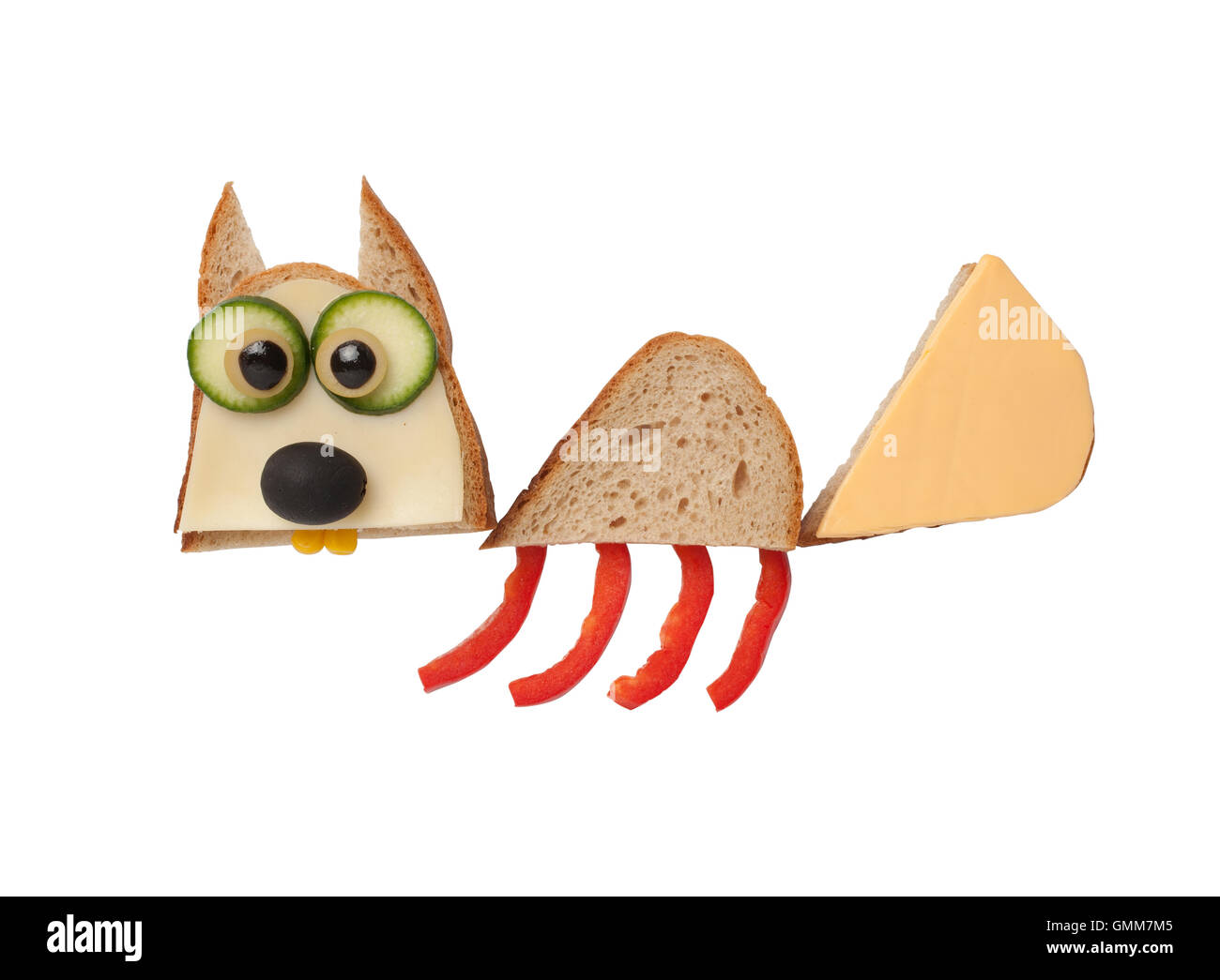 Funny squirrel made of bread and vegetables on white background Stock ...