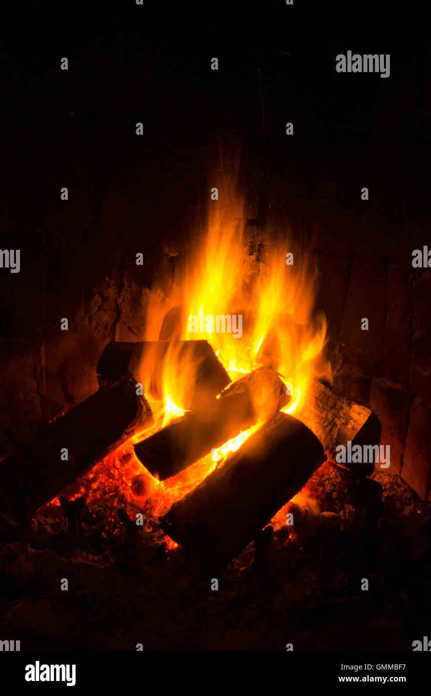 Flaming wood fire in restaurant in Takaka, Golden Bay, Tasman District ...