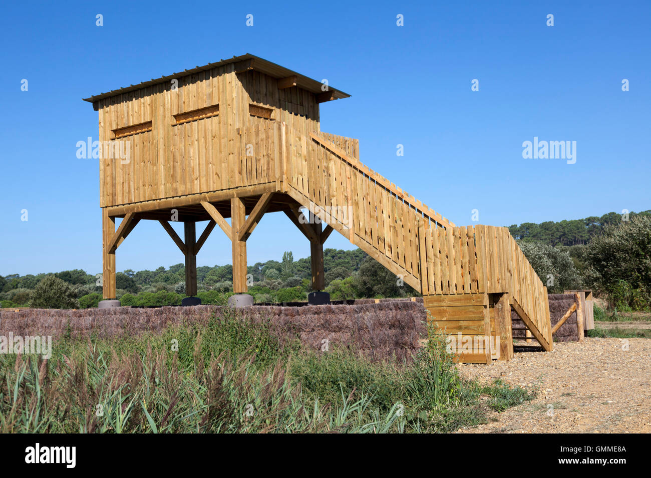 Wooden observation post of fauna in the wetland known as "Barthes de ...