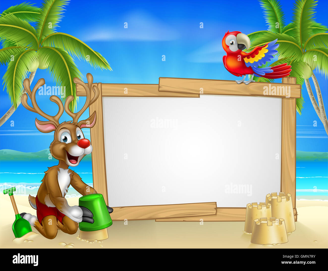 Cartoon Santa Claus and Christmas Reindeer playing on a beach making ...