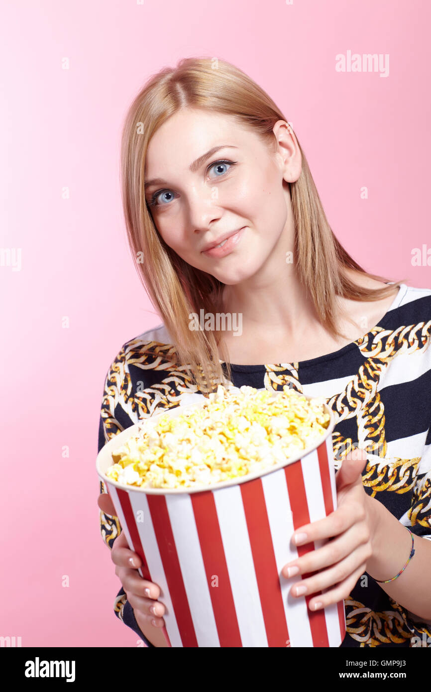 beautiful girl with popcorn Stock Photo - Alamy
