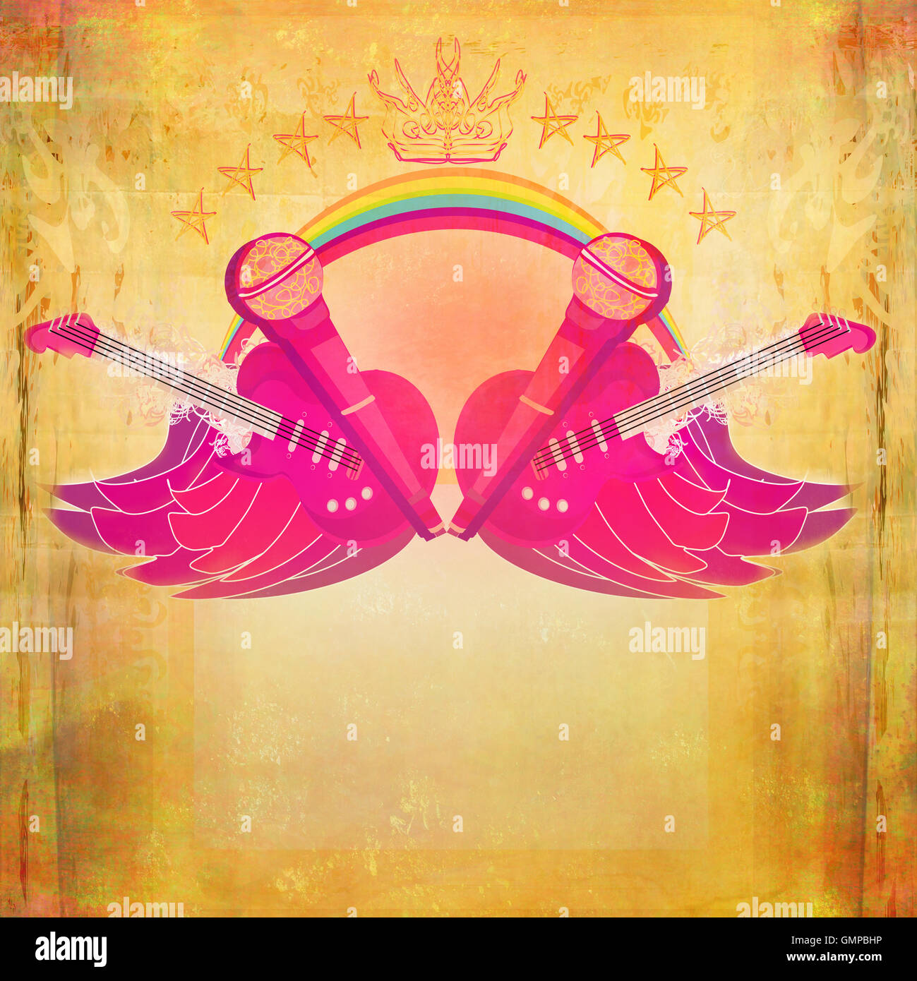 Microphone, guitar and wing motif - Abstract party design Stock Photo ...