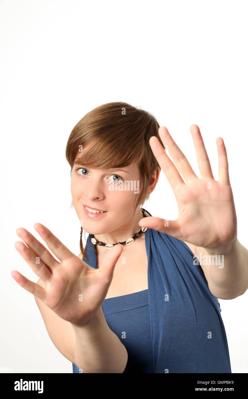 young woman with hands toward the camera Stock Photo - Alamy