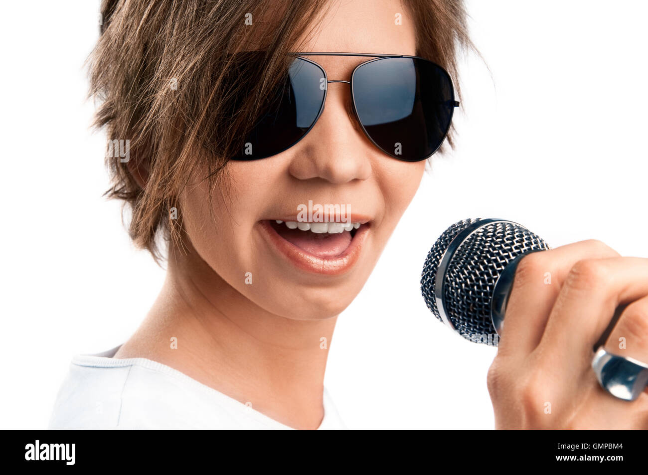 Girl Singing on white background Stock Photo - Alamy