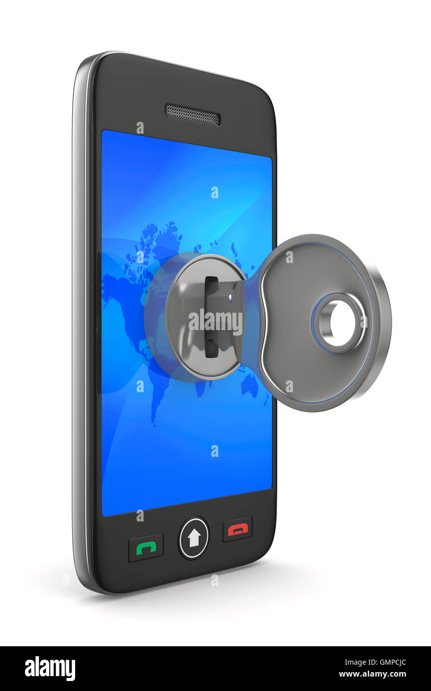 phone with key on white background. Isolated 3D image Stock Photo - Alamy