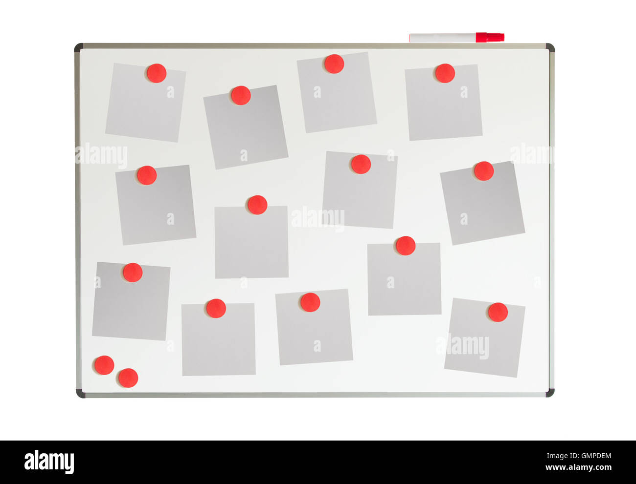 Whiteboard with papers and magnets Stock Photo - Alamy