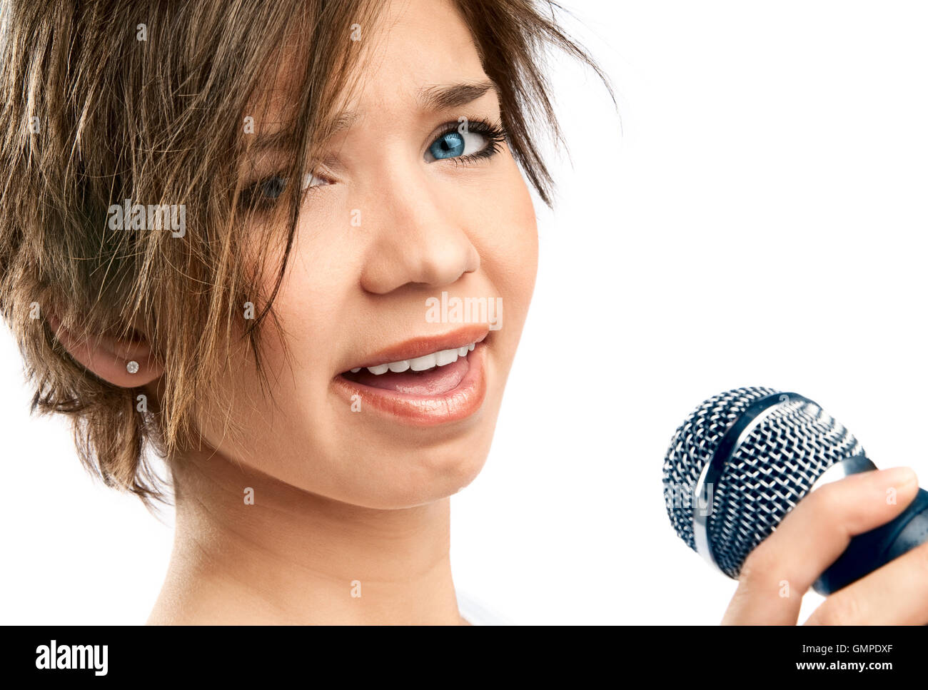 Girl Singing on white background Stock Photo - Alamy