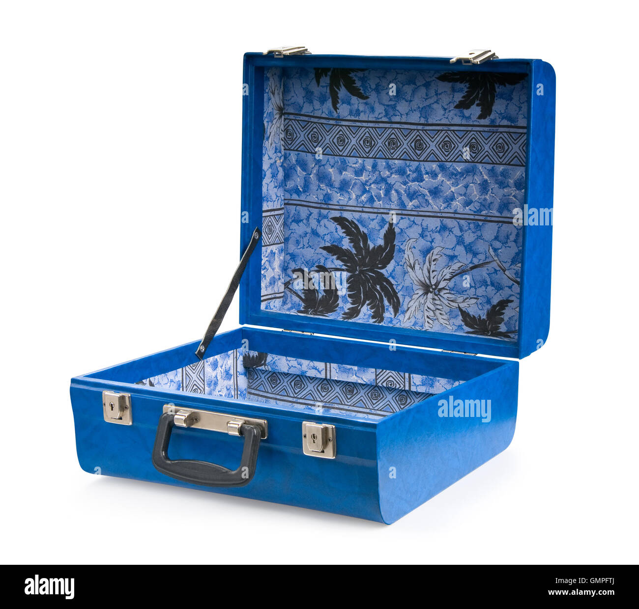 Open blue suitcase, isolated on white background Stock Photo - Alamy