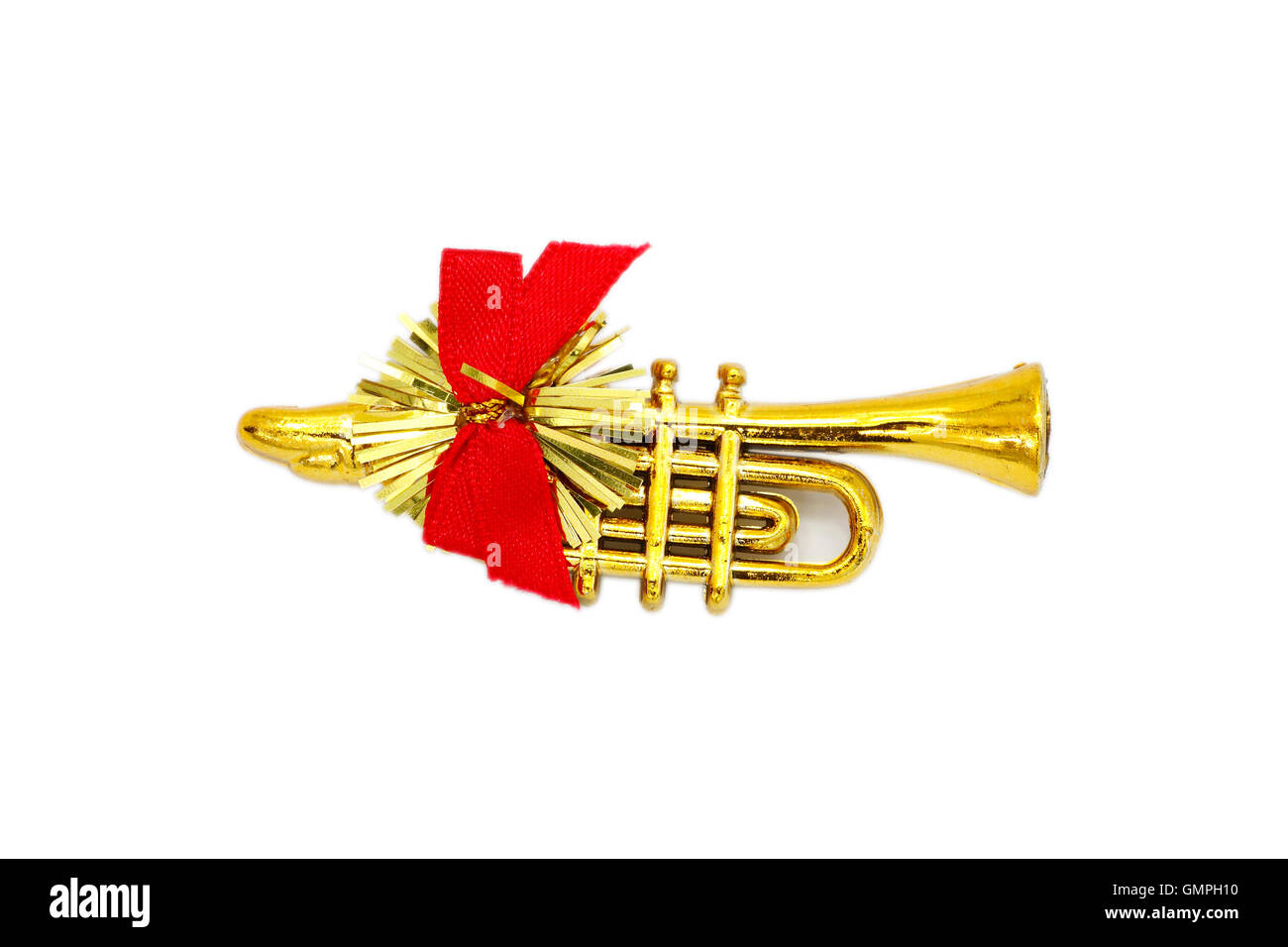 Golden christmas trumpet and red ribbon on a white background Stock ...